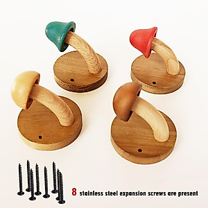 Auntzyj Wooden Mushroom Coat Hooks, Wall Mounted Towel Hanger, Solid Wood, Colorful, Set of Hooks with Screws (4 Hooks & 8 Screws)