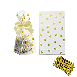 Gold Polka Dot Clear Cello Candy Favor Bags,Cellophane Cookie Treat Plastic Bags,with Gold Twist Ties, Pack of 50