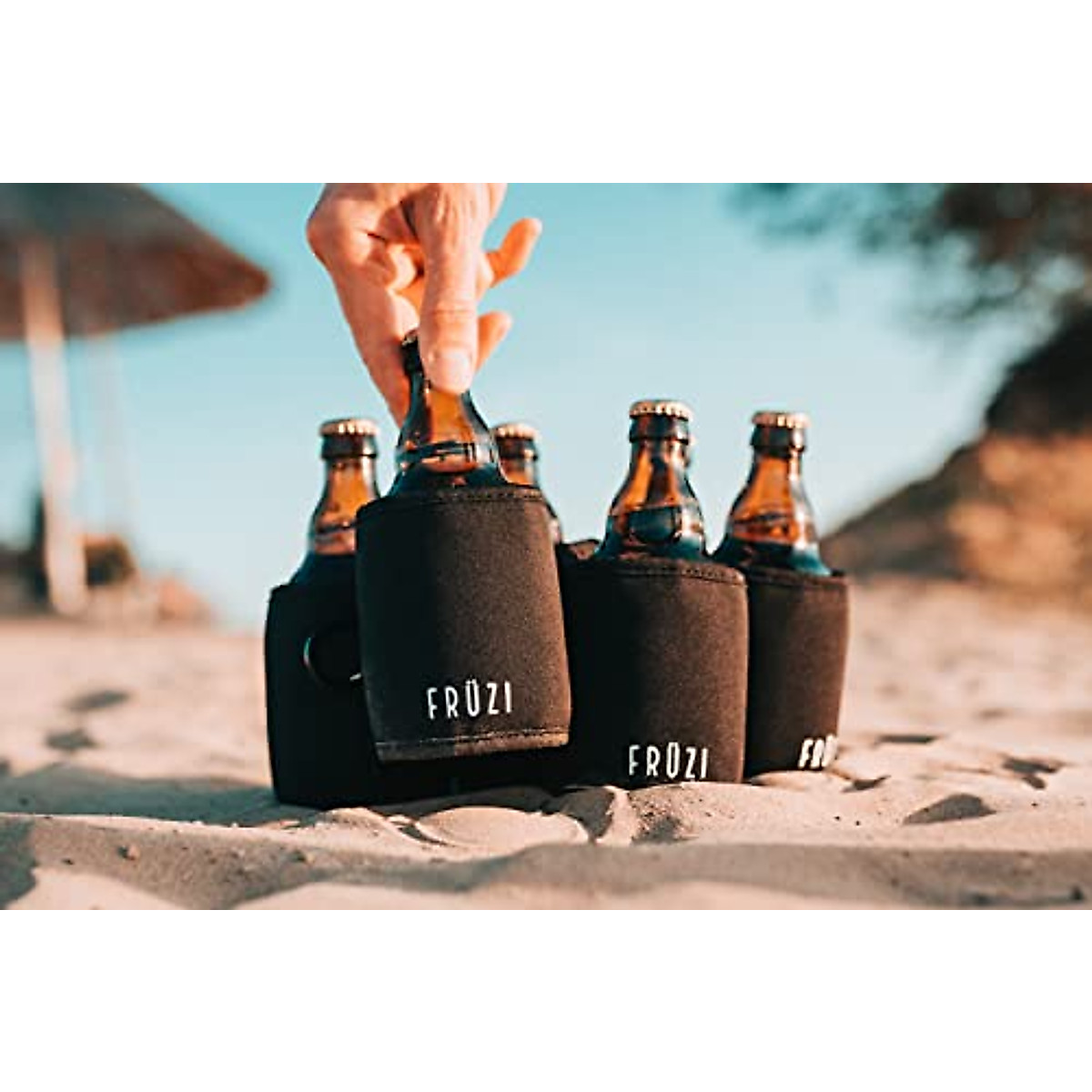 Früzi Insulated Beer Can Holder - 6 Freezable Coozies - Insulated 6 Pack Beer Carrier with Bottle Opener - Ice Pack Coozie - Insulated Coozies For Cans - Freezable Gel Coozie - Beer Tote Caddy