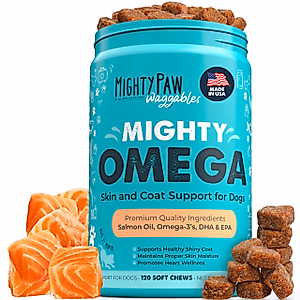 Mighty Paw Waggables Mighty Omega (Made in The USA, 120 Count) | Omega 3 Fish Oil Chew for Dogs. Salmon Oil for Dogs Skin and Coat Supplement. Soft Chew Fish Oil for Dogs - DHA & EPA, Bacon Flavor