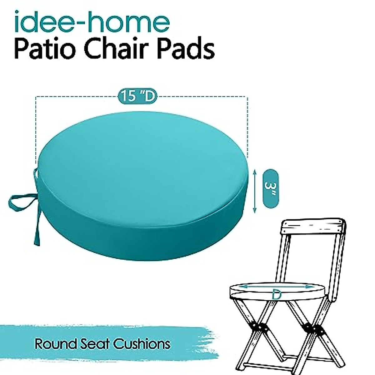 idee-home Outdoor Bistro Chair Cushions, Thick Round Seat Cushions Set of 2 with Ties, 15”x15”x 3” Waterproof Round Patio Chair Cushions for Outdoor Furniture, Round Chair Pads for Garden Peacock Blue