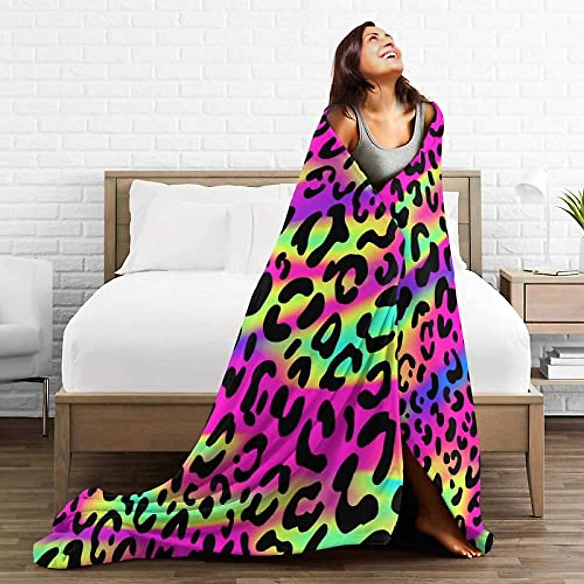 Neon Animal Leopard Spots Blankets Throw Blanket 3D Printed Soft Comfortable Flannel Fleece Throws for Bed Couch Sofa Floor Car and Home Decor 80"X60"(Adult)