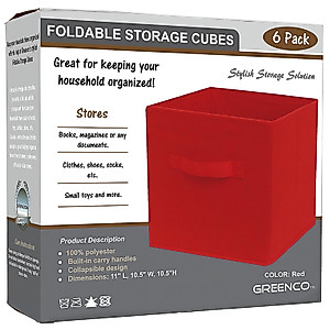 Greenco Foldable Storage Cubes Non-woven Fabric -6 Pack-(Red)