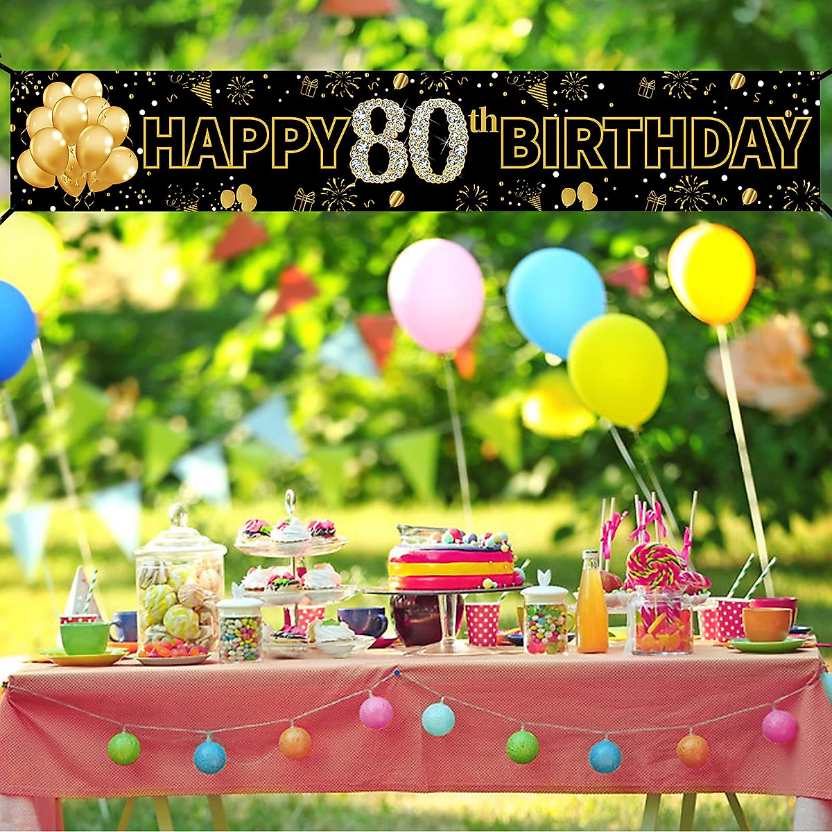 Pimvimcim Gold 80th Birthday Banner Backdrop Decorations for Women Men, Happy 80 Year Old Birthday Party Sign Supplies, Eighty Years Old Birthday Party Decor Photo Props(9.8 X 1.6 Ft)