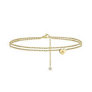 Turandoss Heart Initial Anklet Bracelet for Women, 14K Gold Filled Layered Ankle Bracelet Summer Boho Beach Minimalist Initial Anklet for Women Anklet With Initials A