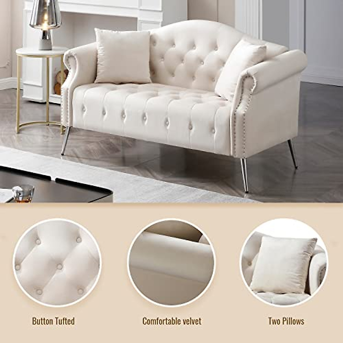 Homtique Velvet Loveseat Sofa for Living Room, Mid Century Modern Sofa Upholstered Button Tufted Rolled Arms and Metal Legs, 59.4" Small Sofa Couches for Small Spaces with 2 Pillows for Bedroom(Beige)