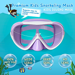 Kids Swim Mask 180° Snorkel Diving Mask, Anti-Fog Child Swim Goggles with Nose Cover No-Leak Swimming Goggles Anti-Shattered Lens for Youth 4-15 (Purple)