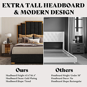 AMERLIFE Queen Size Upholstered Bed, Modern Velvet Bed Frame with 61.4” Tall Gold Trim Headboard, No Box Spring Needed, Black