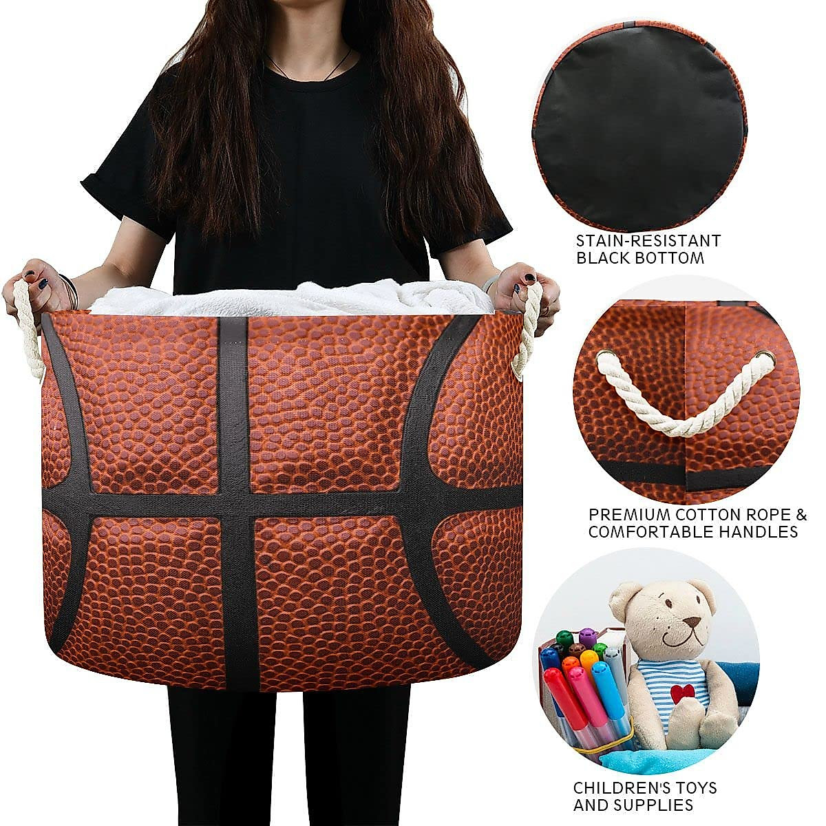 ALAZA Basketball Ball Texture Liner Storage Box Toy Basket Laundry Storage Organizer Bins with Handles Large Baskets for Living Room Nursery Decor