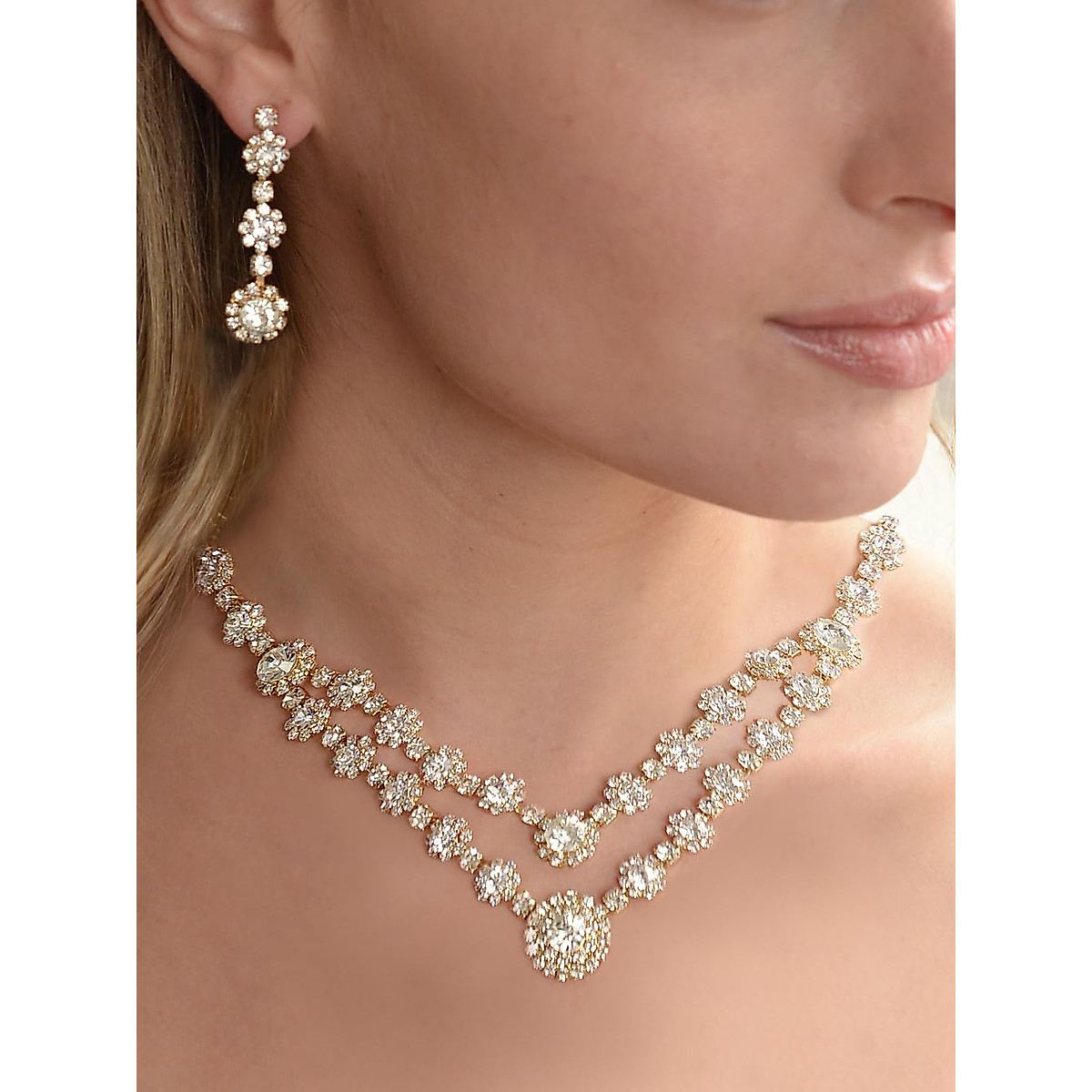 Mariell Petite Length Gold Rhinestone Crystal Necklace and Earrings Set For Brides, Choker Wedding Necklace Jewelry Set for Brides, Bridesmaids, Homecoming, Prom