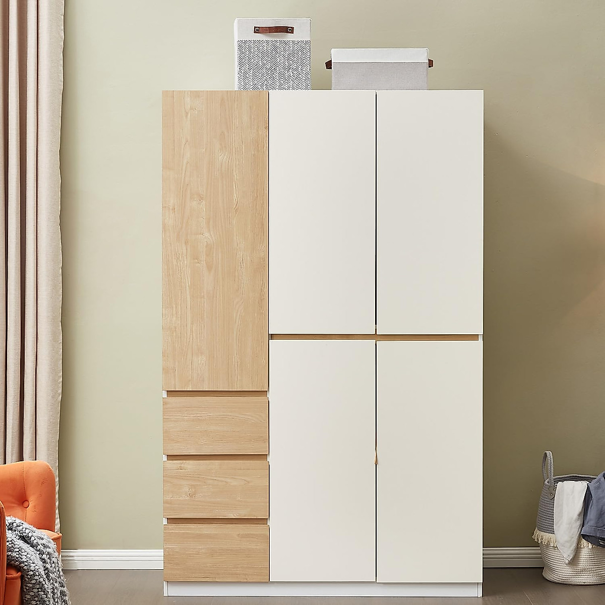 Idealcabin Closet Wardrobe 3 Doors White Wood Armoire Wardrobe Closet Cabinet with Hanging Rod 3 Drawers for Bedroom Armoires Tall Clothes Storage Closets(20.5" D x 47.2" W x 74.8" H)
