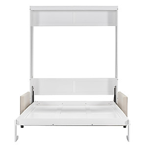 LZ LEISURE ZONE Queen Size Murphy Bed, Wooden Queen Murphy Bed with Cushion, Wall Bed with Sofa for Home Office or Small Room, White