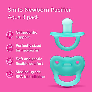 Smilo Newborn Baby Pacifier - 3 Pack of Orthodontic Pacifiers for Babies from 0-2 Months - Expands to Support The Palate During Soothing - BPA-Free - Aqua