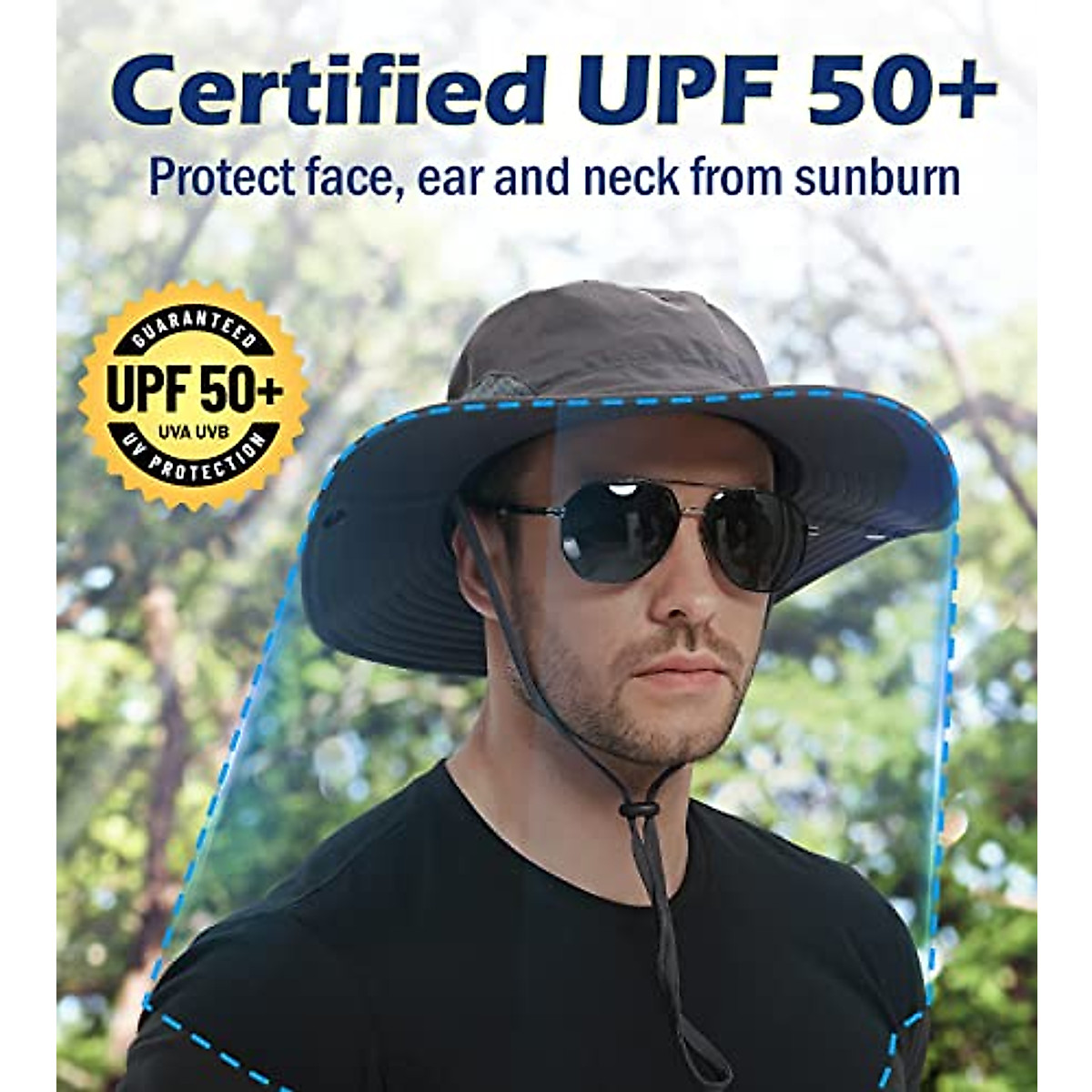 Wmcaps UPF 50+ Sun Protection Hats for Men Women, Wide Brim Waterproof Bucket Hat for Fishing, Hiking, Garden, Outdoor Dark Grey