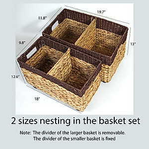 PEMAR Set 2 (different sizes nesting in a set) Natural Wicker Rolling Storage Baskets on Wheels w Insert Handle, Under Table Under Desk Storage Bins, Mobile File Cabinet Organiser. Water Hyacinth