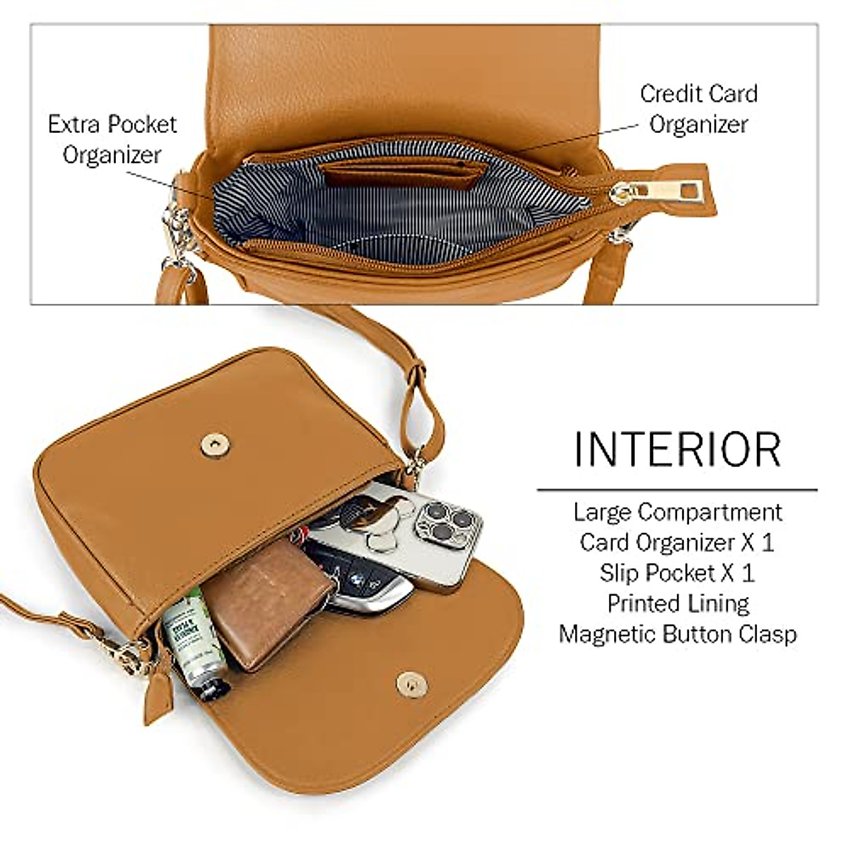 EVVE Small Crossbody Bag for Women Trendy Vegan Leather Flap Saddle Purses with Adjustable Shoulder Strap - Mustard
