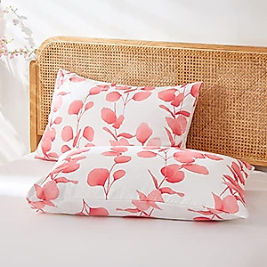LAMEJOR Duvet Cover Set Queen Size White/Pink Leaves Floral Bedding Set Comforter Cover (1 Duvet Cover+2 Pillowcases)