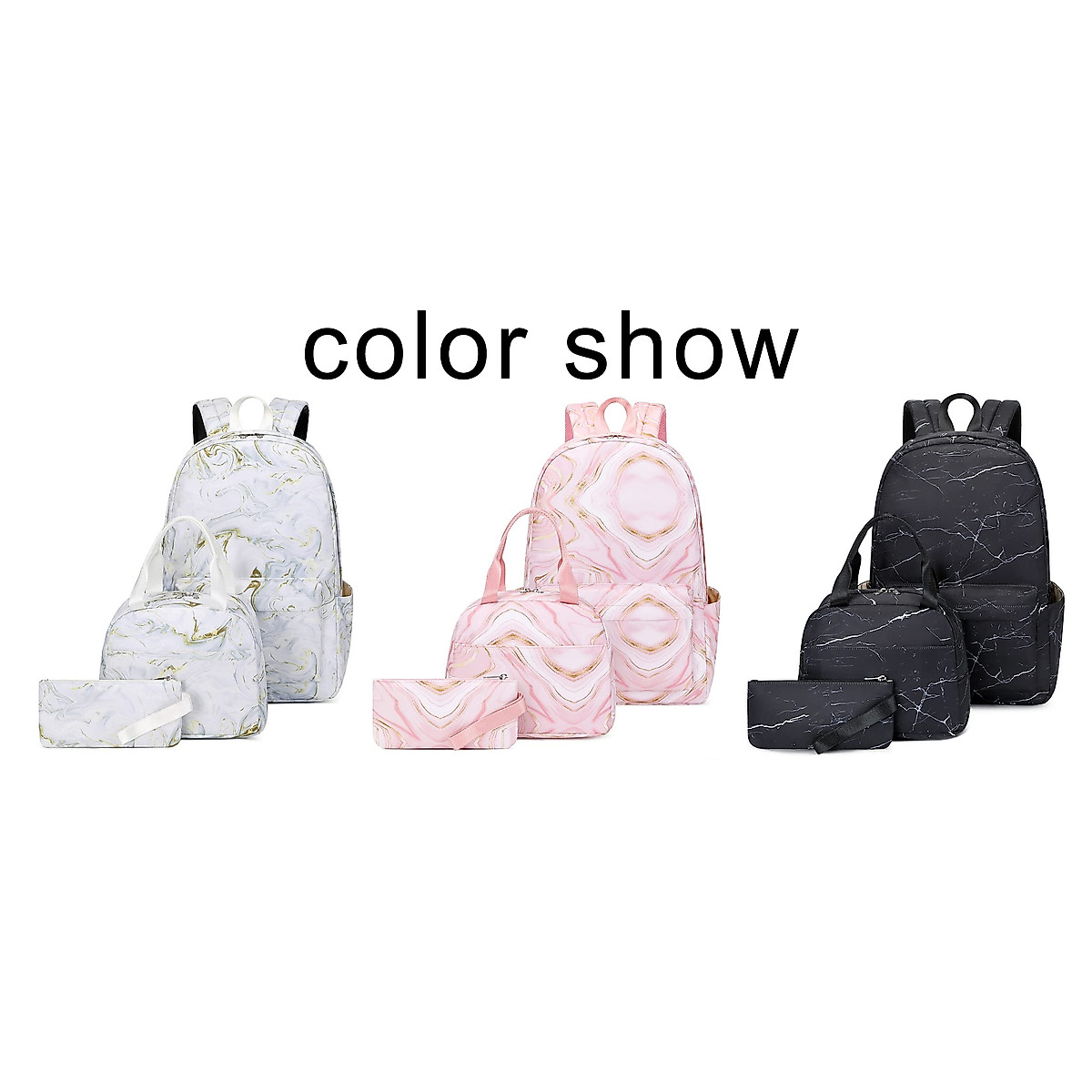 JiaYou Teens Girls Backpack Sets 3Pcs Daypack with Lunch bag Pencil case marble pattern print(Pink,20Liters)