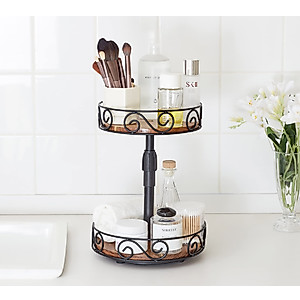 Y&M 2 Tier Lazy Susan, 9” & 10” Acacia Wood Lazy Susan Turntable Organizer, Height Adjustable Spice Rack with Steel Sides, Spice Jars Organization for Cabinet, Pantry, Kitchen, Bathroom, Countertop