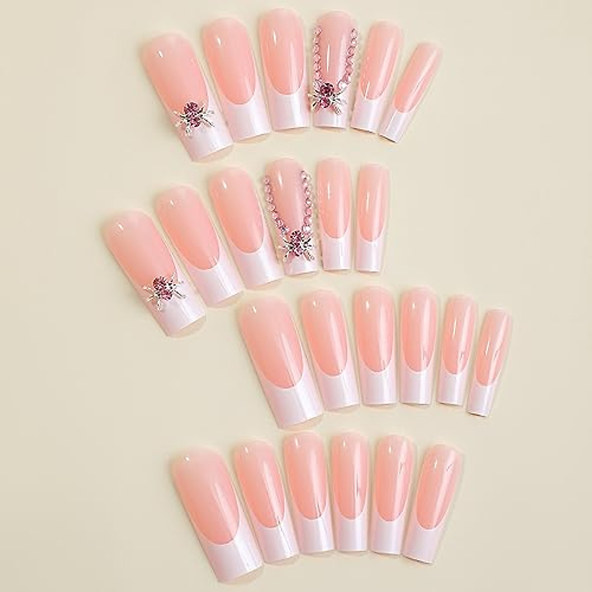 Halloween French Tip Press on Nails Long Metal Spider Glue on Fake Nails Long Square Acrylic Nails Glossy Pink White False Nail Tips Full Cover Finger Decorations Artificial Nails for Women 24Pcs