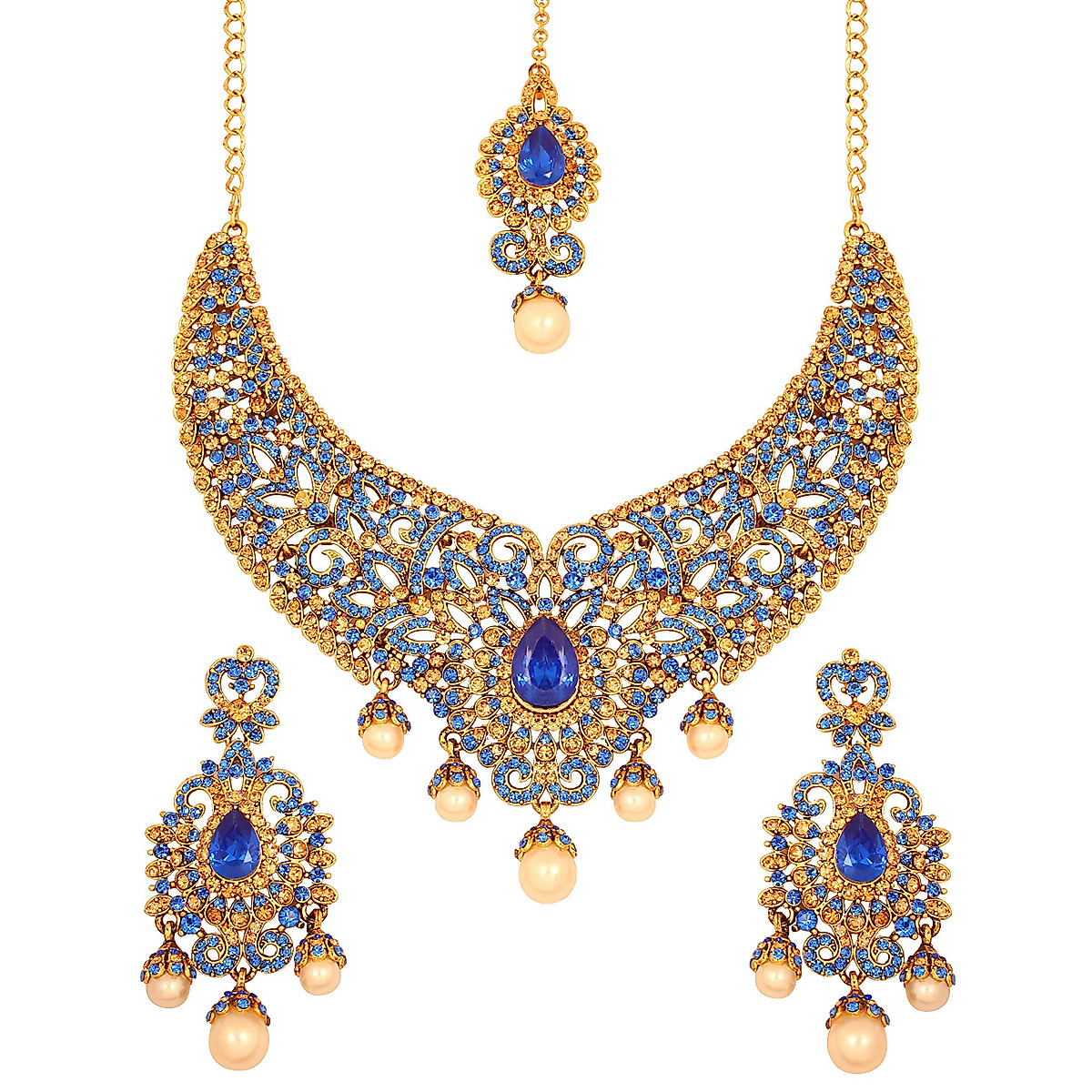 Touchstone Indian jewelry bollywood for women statement necklace sets wedding blue royal bridal ornaments big large matha tikka statement rajasthani mangtika traditional quality in antique gold tone.