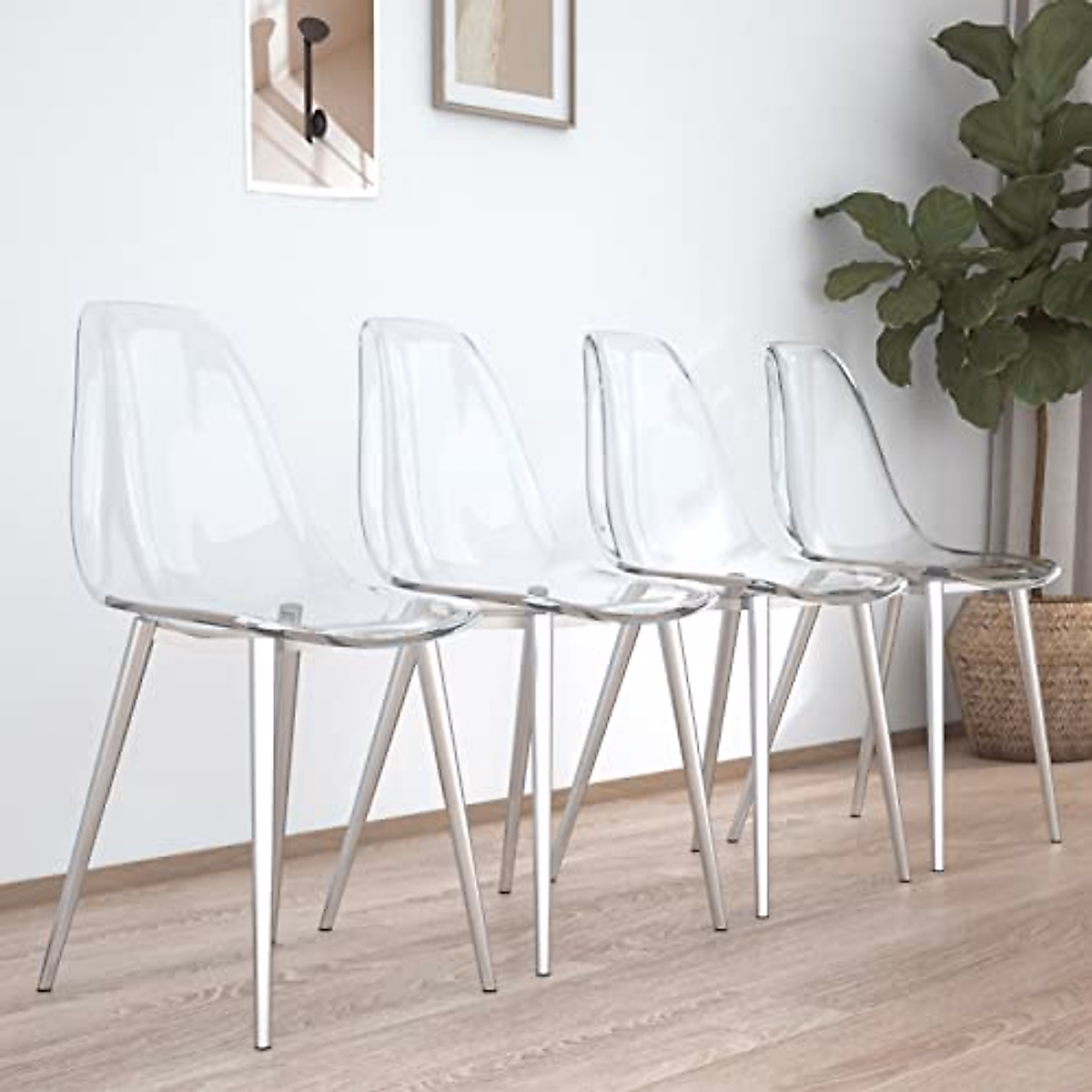 SSLine Modern Acrylic Dining Chairs Set of 4 Chic Elegant Dinner Chair with Silver Metal Base Comfortable Clear Plastic Shell Accent Side Chairs for Kitchen Dining Room Living Room Restaurant
