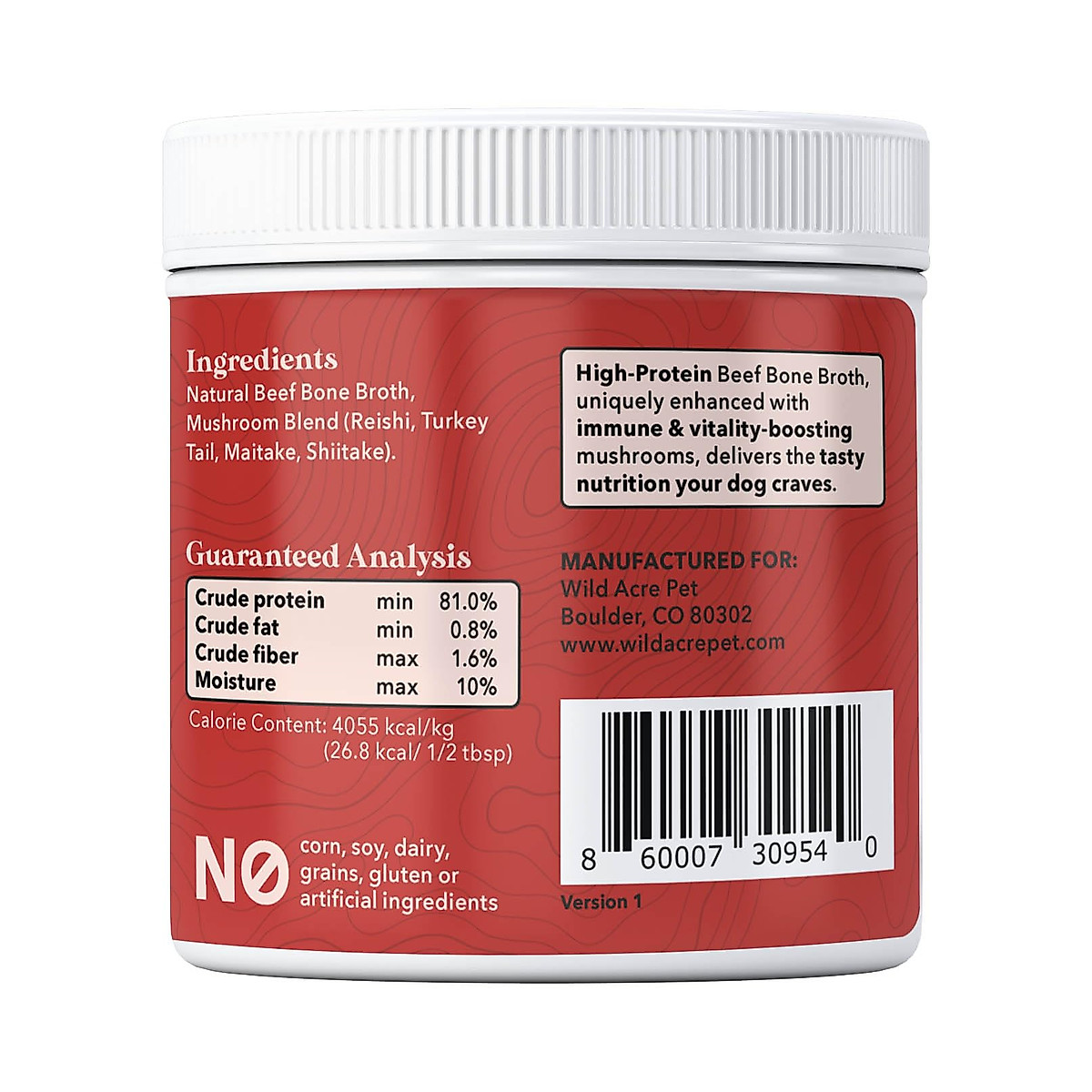 Wild Acre Premium Beef Bone Broth for Dogs – High Protein + Collagen Enhanced with Mushroom Blend for Strong Bones, Joint Flexibility, Digestive Comfort, and Immune Support - Natural Dog Food Topper