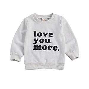 BeQeuewll Toddler Boy Girl Valentines Day Outfit Love You More Letter Crewneck Sweatshirt Little Kids Long Sleeve Sweater Tops (Grey, 6-12 Months)
