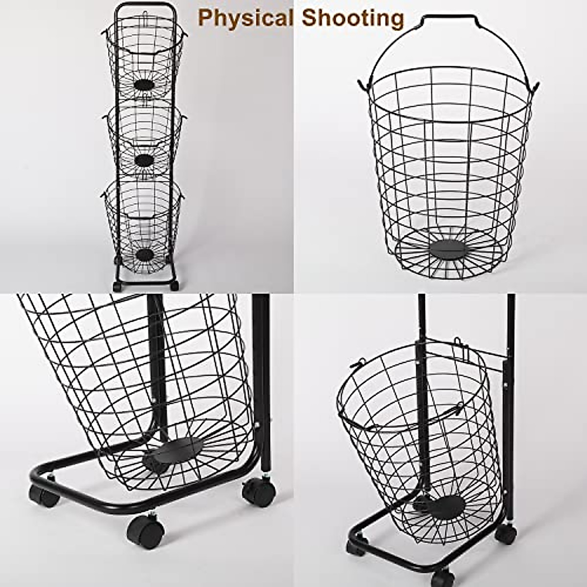 usego 3 Tier Laundry Basket with Rolling Lockable Wheels Wire Metal Sorter Storage Trolley Shelf Basket Durable Metal Sorter Clothes Storage Trolley Shelf with Removable Hamper for Organizing Clothes