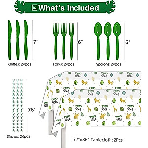 NAIWOXI Two Wild Birthday Decorations Tableware - Safari Birthday Decorations Include Plates, Cups, Napkins, Cutlery, Tablecloth, Straws, Animal Jungle Theme Party Supplies for Boy Girl 2nd Birthday