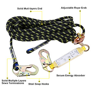 Vertical Lifeline Rope Assembly 25 ft with Rope Grab Snap Hooks Shock Absorber CE Standard for Fall Protection Roofing Safety Equipment Tools Rope Kits