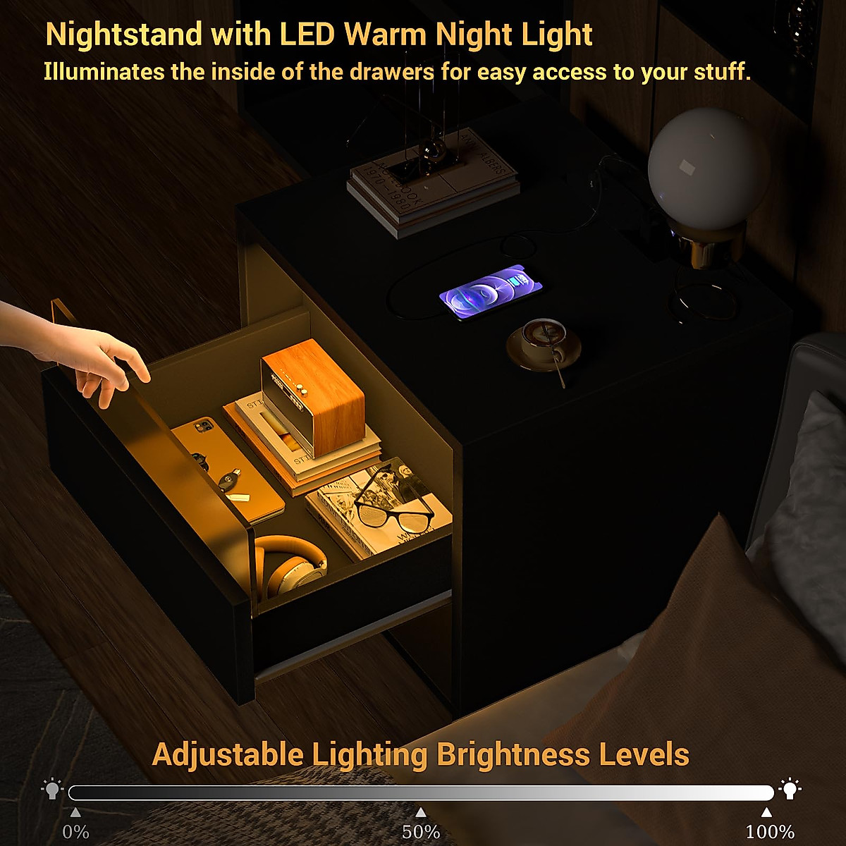 LED Nightstand with Charging Station, Black Night Stand with Charger Station, Bedside Table End Tables Bedroom, Modern Night Stand with a Big Capacity Drawer