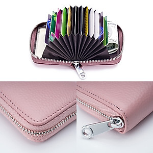 Meowoo Credit Card Holder RFID Blocking Genuine Leather Mini Credit Card Wallet Purse with Zipper for Women Men (Pink)