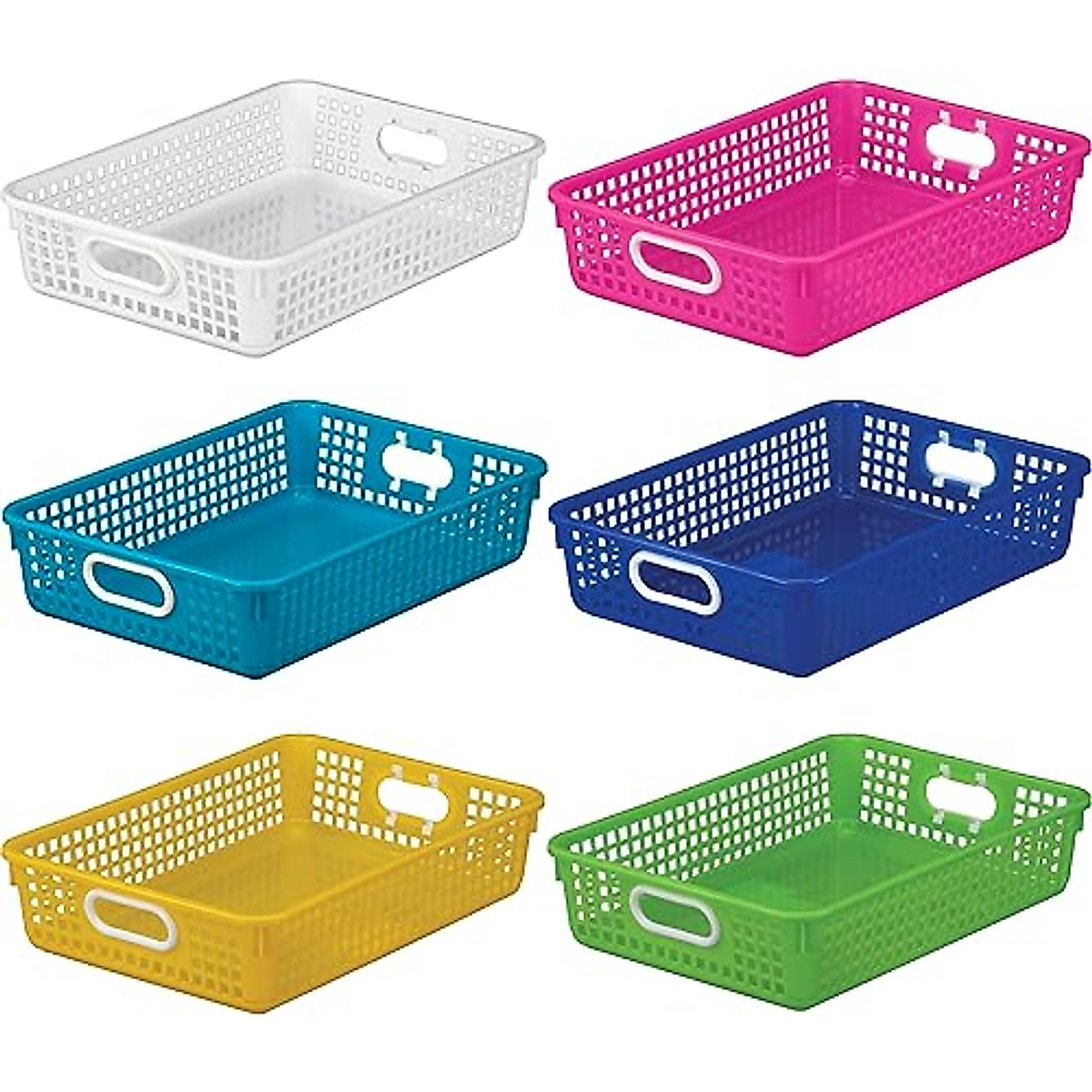 Really Good Stuff Plastic Desktop Paper Storage Baskets for Classroom or Home Use – 14”x10” Plastic Mesh Baskets Keep Papers Crease-Free and Secure – Blue Neon Basket With White Handles (1 Basket)