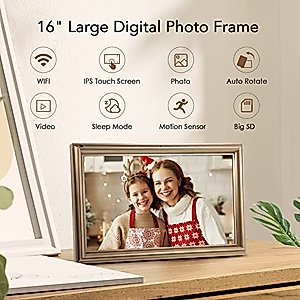 Large Digital Photo Frame 16 Inch, Canupdog 32GB WiFi Digital Picture Frame with 1920 * 1080 Full HD IPS Touchscreen, Auto-Rotate, Wall Mountable, Motion Sensor, Share via App from Anywhere