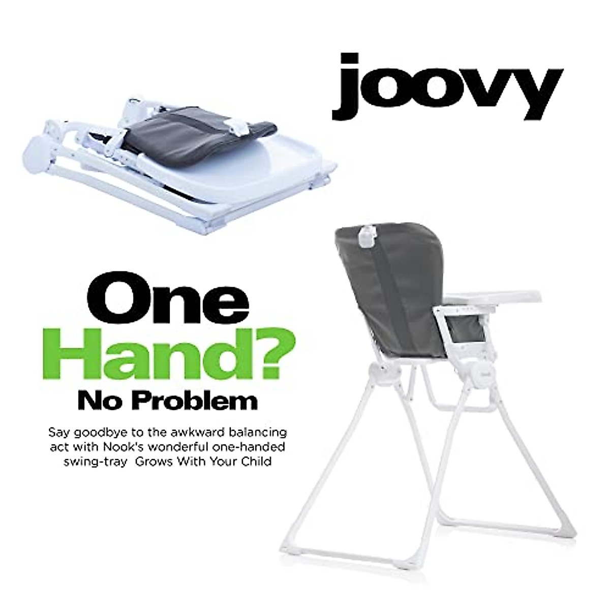 Joovy Nook High Chair Featuring Four-Position Adjustable Swing Open Tray, and Removable, Dishwasher-Safe Tray Insert for Easy Cleaning - Folds Down Flat for Easy Storage (Charcoal)