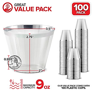 Stock Your Home 9 oz Silver-Rim Disposable Plastic Cups (100 Pack) Elegant Tumblers Glasses for Parties, Weddings, Holidays, Dessert Tumbler, Bulk Drinking Cup for Fruit Punch, Cocktails, Wine