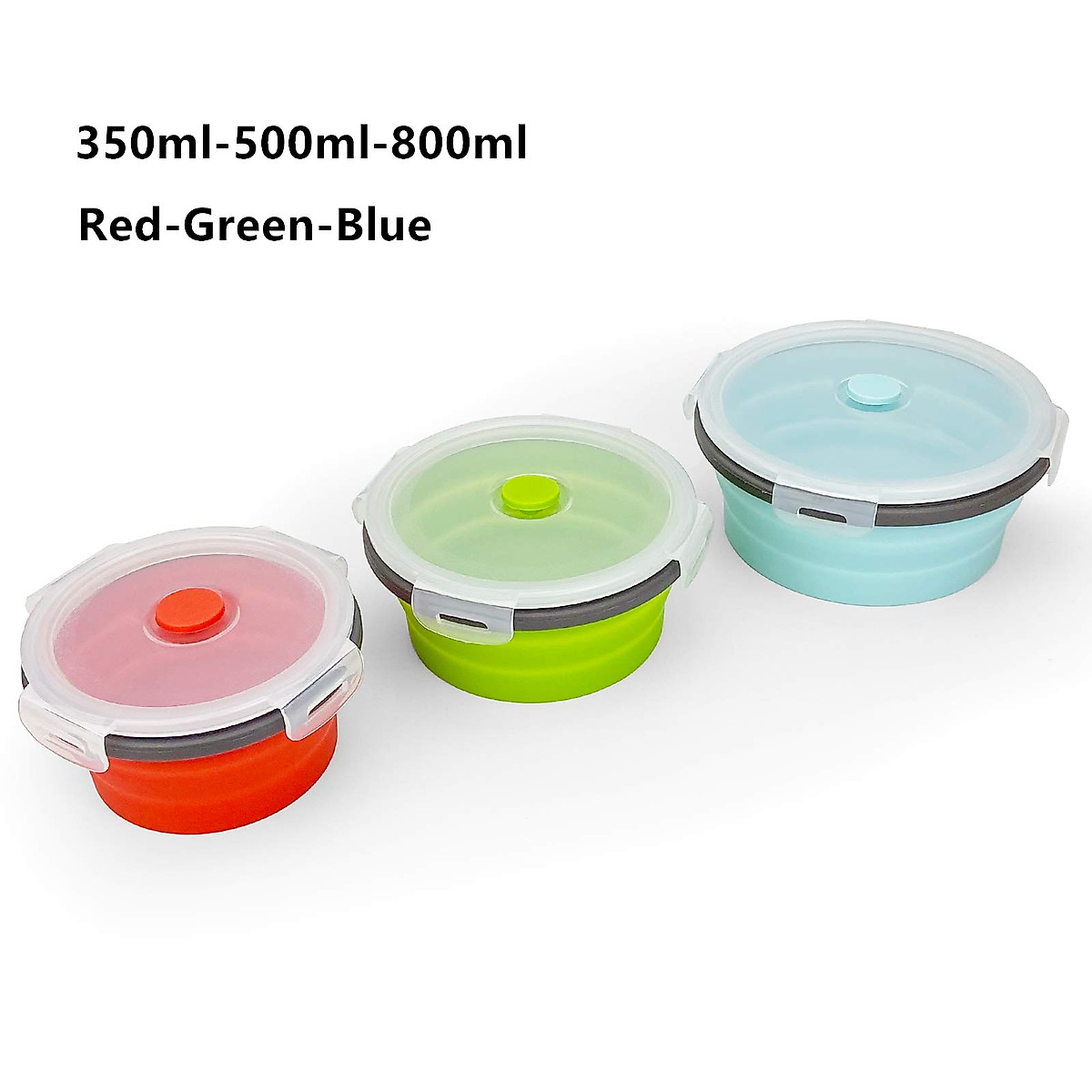 CARTINTS Round Collapsible Bowls with Lids, Reusable Silicone Food Storage Containers, 3Pack 350-500-800ML, Stackable Space Saving, Microwave and Freezer Safe, Meal Prep Container