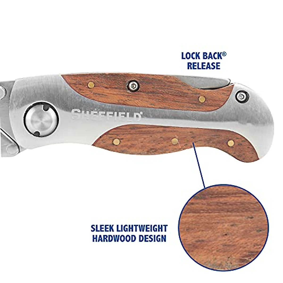 Sheffield 12115 Ultimate Lock Back Utility Knife, Folding, Box Cutter Knife, Carpet Knife, Drywall Cutter, and More, Quick-Change Blade, Back Lock Design, Aluminum & Wood Handle