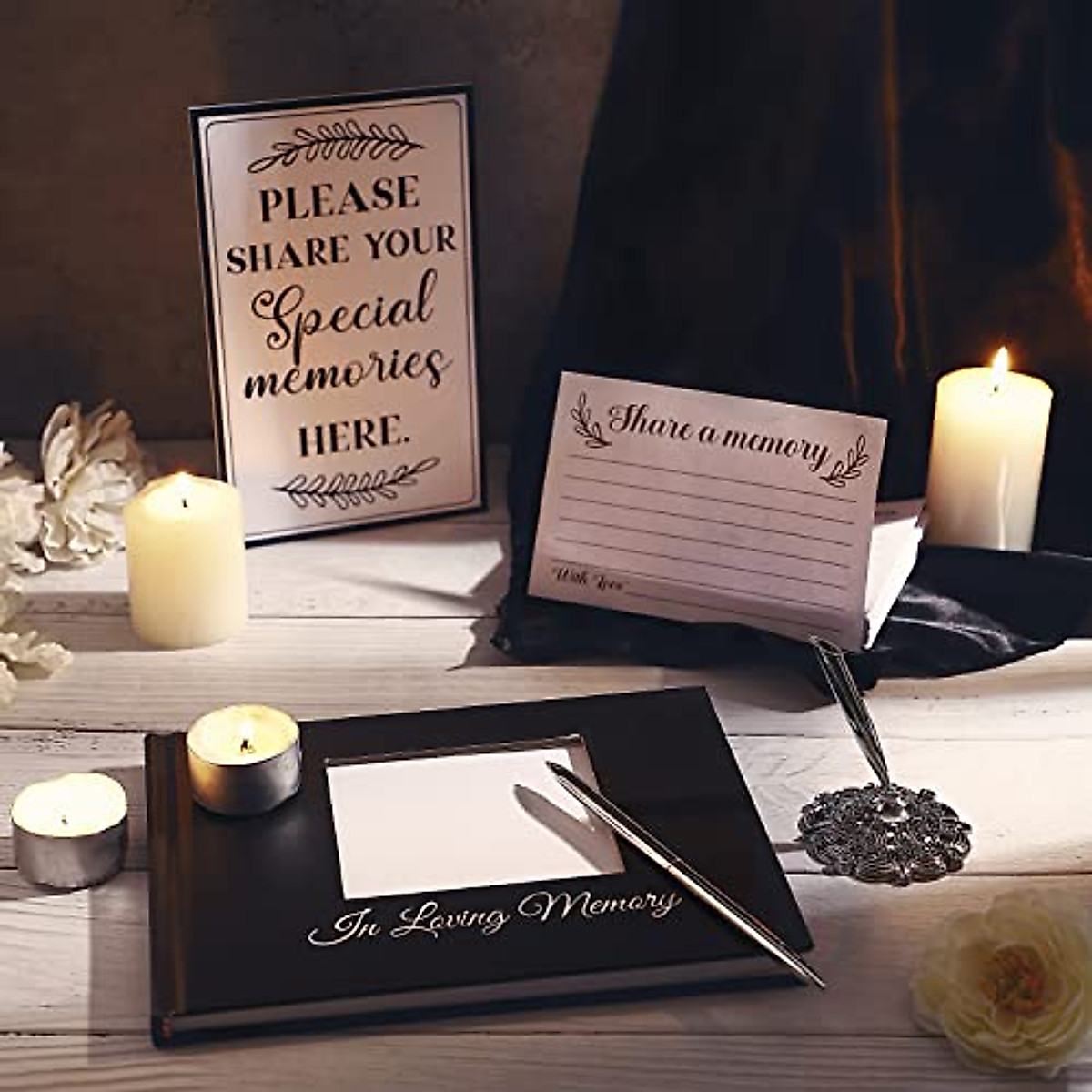 Funeral Guest Book for Memorial Service, Celebration of Life Guest Book, Funeral Memory Book 150 Prayer Funeral Cards 1 Table Card Sign 1 Signature Pen with a Stand for Funeral Favors (Classic Style)
