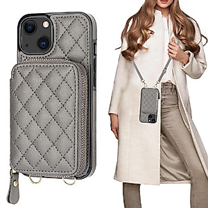 Bocasal Crossbody Wallet Case for iPhone 13, RFID Blocking PU Leather Zipper Handbag Purse Flip Cover, Kickstand Folio Case with Card Slots Holder Wrist Strap Lanyard 5G 6.1 Inch (Grey)