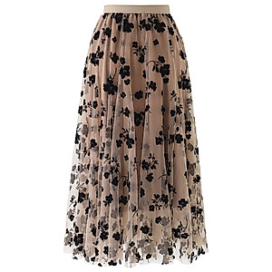 CHICWISH Women's Caramel 3D Posy Double-Layered Mesh Midi Skirt, Size L-XL