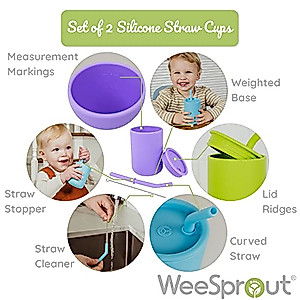 WeeSprout Silicone Baby Drinking Cup with Straws and Lids, 4 and 8 Ounces Options, Set of 2 Food Grade Toddler Training, Built In Straw Stoppers, Measurement Markings (Matte Blue, Matte Green)