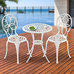 Withniture Outdoor Patio Bistro Set 3 Piece All Weather Bistro Table and Chairs Set of 2 with Umbrella Hole,Cast Aluminum Outdoor White Bistro Set, Patio Furniture Set for Garden,White