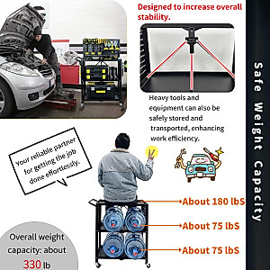 Lumizone 3-Tier Foldable Rolling Tool Cart with Wheels, Utility Cart with Pegboard for Garage Organizer and Tool Storage, Power Tool Storage Cart on Wheels (Tool Cart)