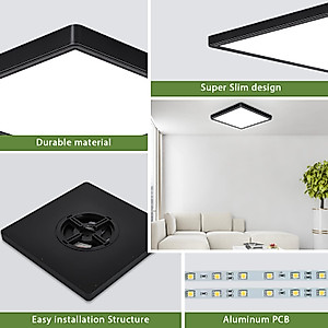 Rezant 12 Inch 24W Flush Mount Square LED Ceiling Light, 3000K/4000K/6000K Adjustable Flush Mount Light Fixture, 2800LM Bright Flat Ceiling Light Fixtures for Bedroom, Kitchen, Hallway (Black-4 Pack)