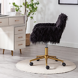 Goujxcy Fluffy Desk Chair, Faux Fur Swivel Home Office Chair Height Adjustable Vanity Accent Chair for Girls Women, Modern Cute Furry Makeup Chairs for Bedroom Living Room, Black