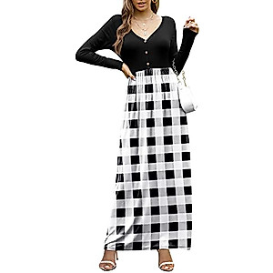 GRECERELLE Women's Long Sleeve Casual V Neck Plain Floral Print Maxi Dresses with Pockets Long Dress