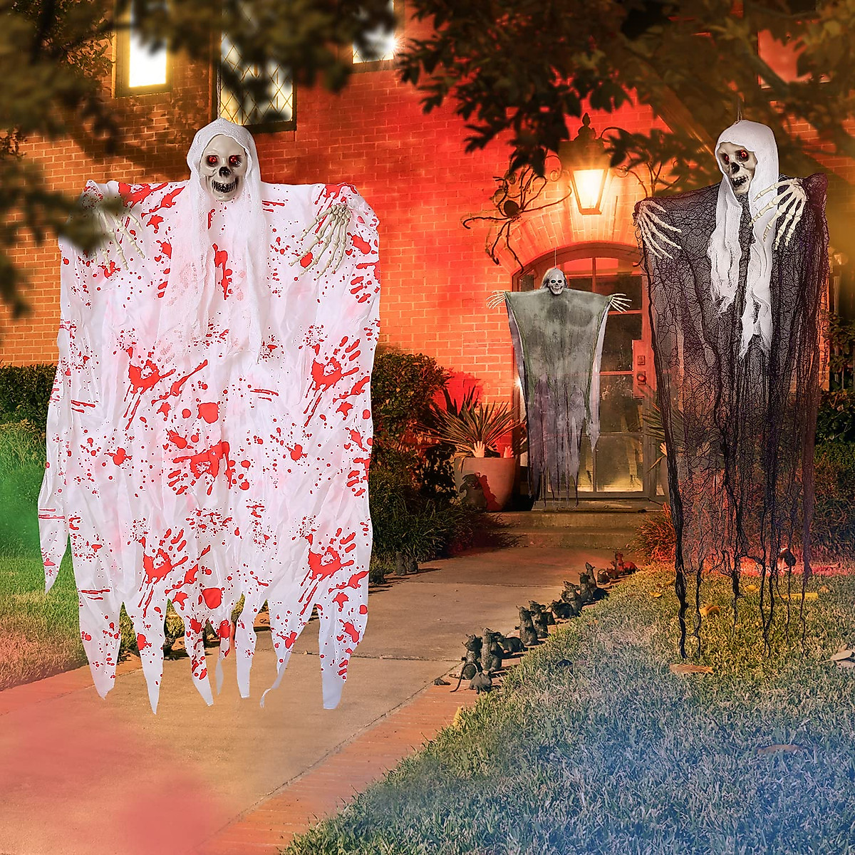 HOLYFUN 3 Pack 30" Halloween Hanging Skeleton Ghosts Decorations, Halloween Outdoor or Indoor Decor for Yard Patio Lawn Garden Haunted House