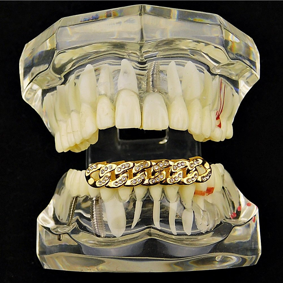 14k Gold Plated Cuban Link Grillz Iced Full Stone Bling Bottom Teeth Hip Hop Grills